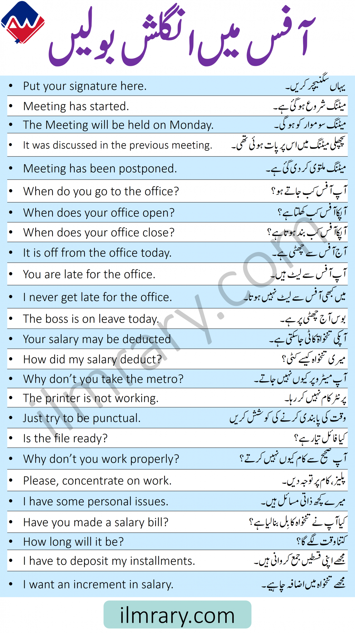 50 Office Sentences in English with Urdu Translation for Daily Use