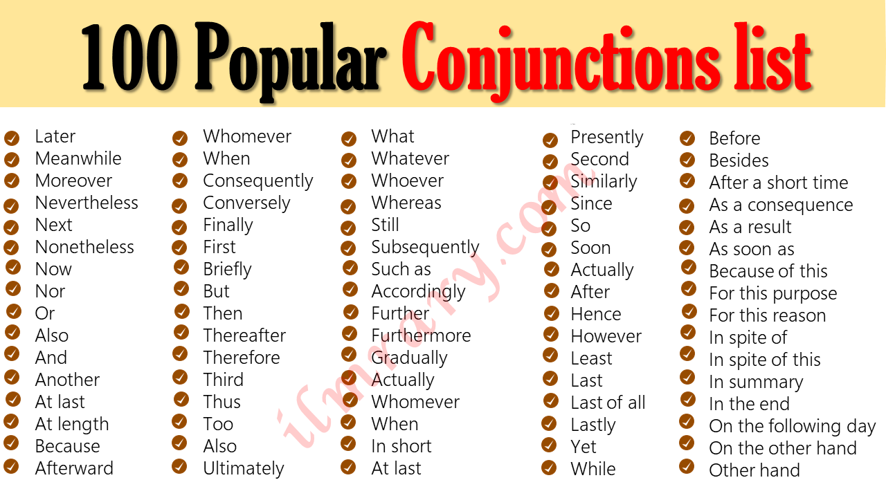 100 Most Popular Conjunctions Words List In English ILmrary 100 Most Popular Conjunctions Words List In English ILmrary